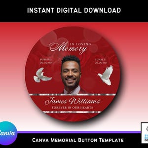 Editable Red Memorial Button Template | Canva RIP Keepsake | 3x3 ...