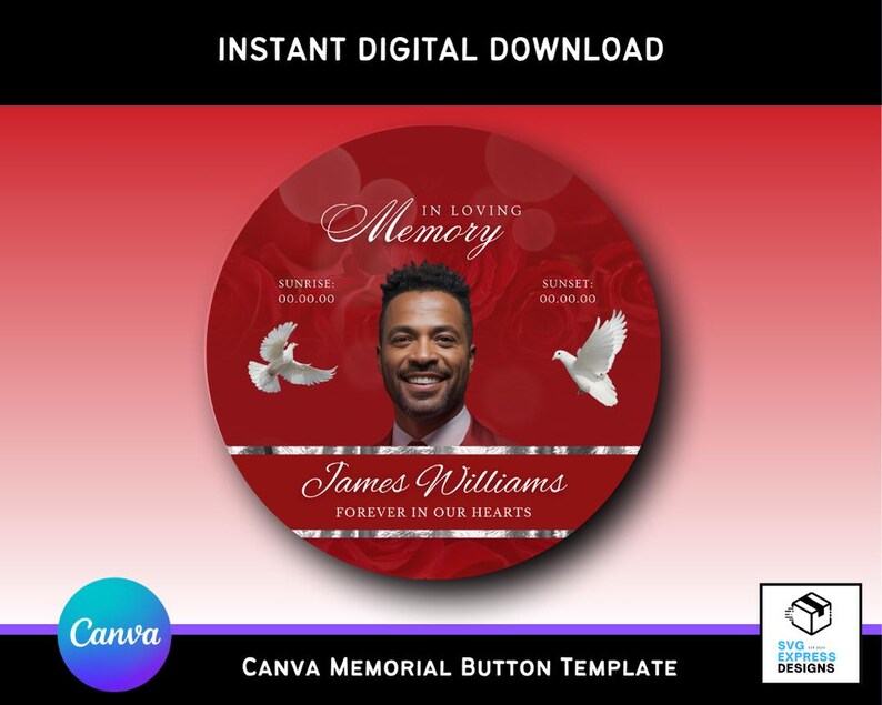 Editable Red Memorial Button Template | Canva RIP Keepsake | 3x3 ...