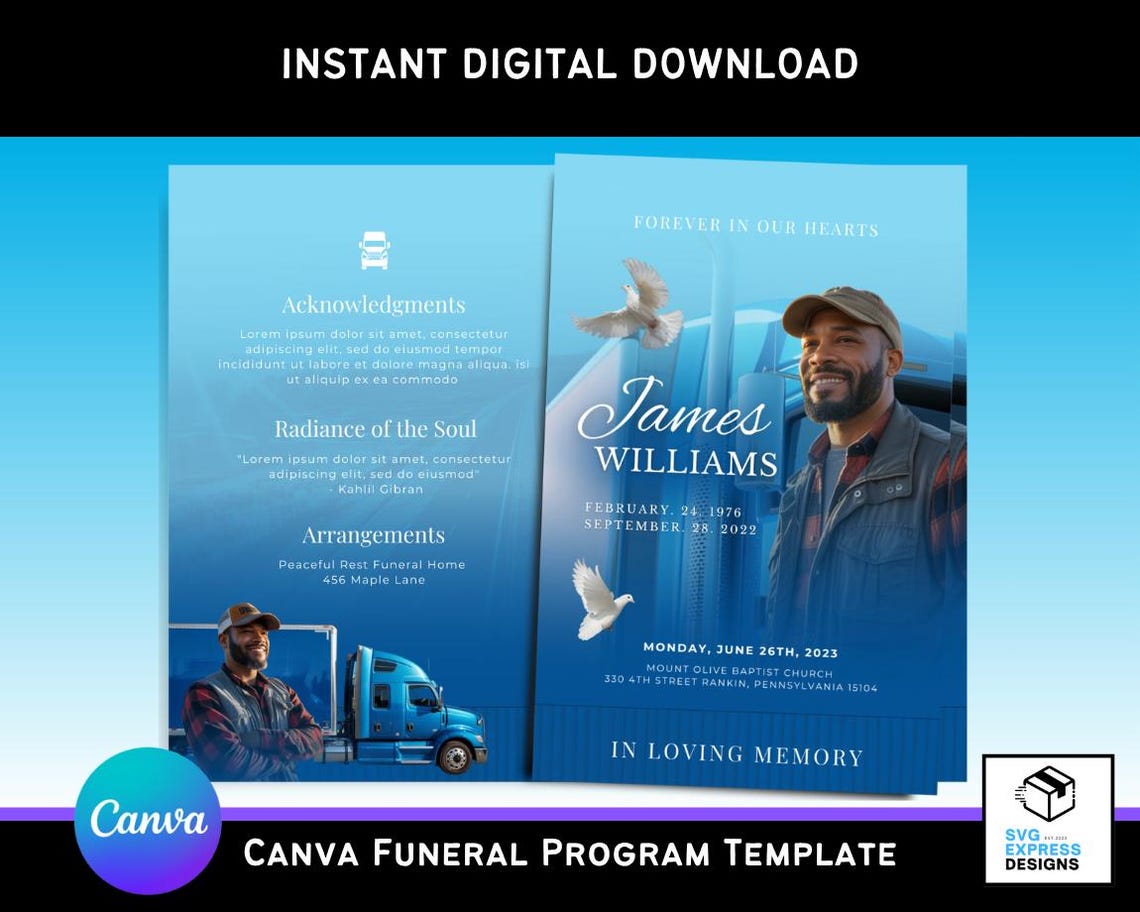 Truck Driver Canva Funeral Program Template – Elegant Bi-fold Brochure ...