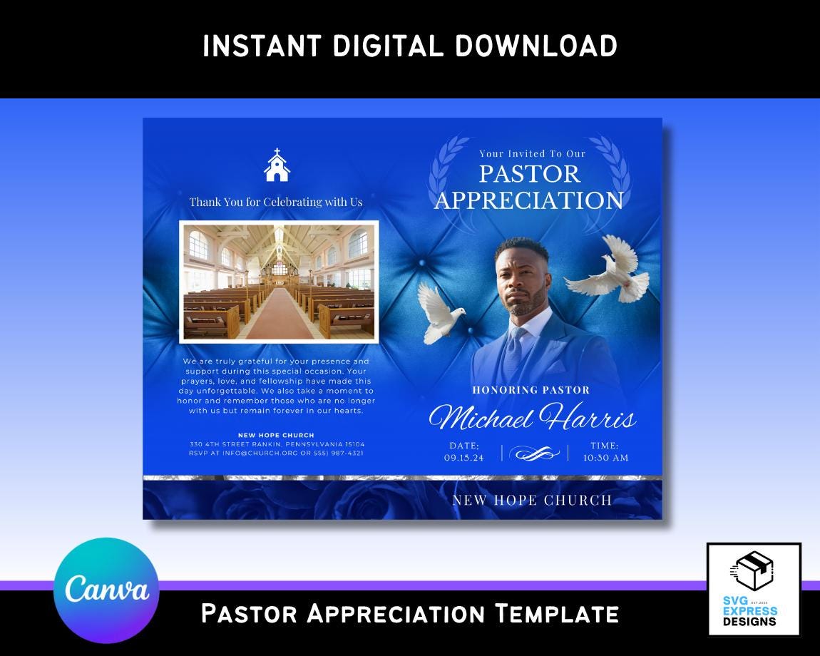 Editable Pastor Appreciation Program Template: Blue & Silver Church ...