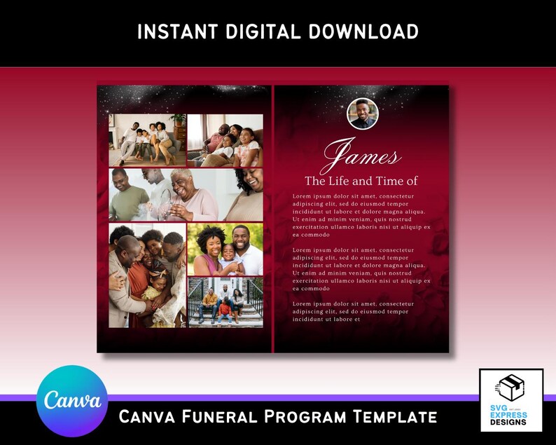 Elegant Black & Red Funeral Program Template: Bi-fold Obituary (digital ...