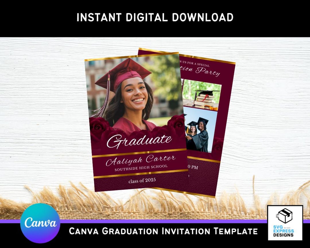 Burgundy and Gold Roses Graduation Invitation Template: Modern Canva ...