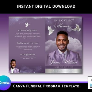 Purple and Silver Canva Funeral Program Template – Elegant Bi-fold ...
