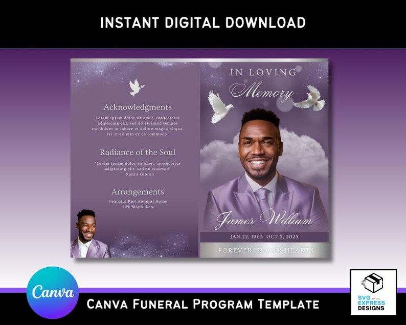 Purple and Silver Canva Funeral Program Template – Elegant Bi-fold ...