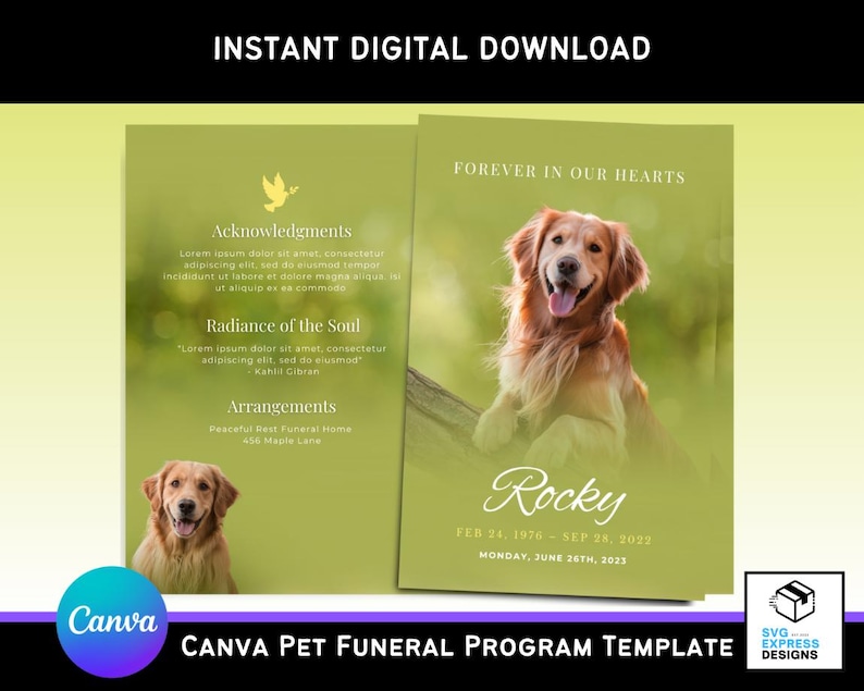 Pet Loss Funeral Program Template: Elegant Dog Obituary (11x8.5 In ...