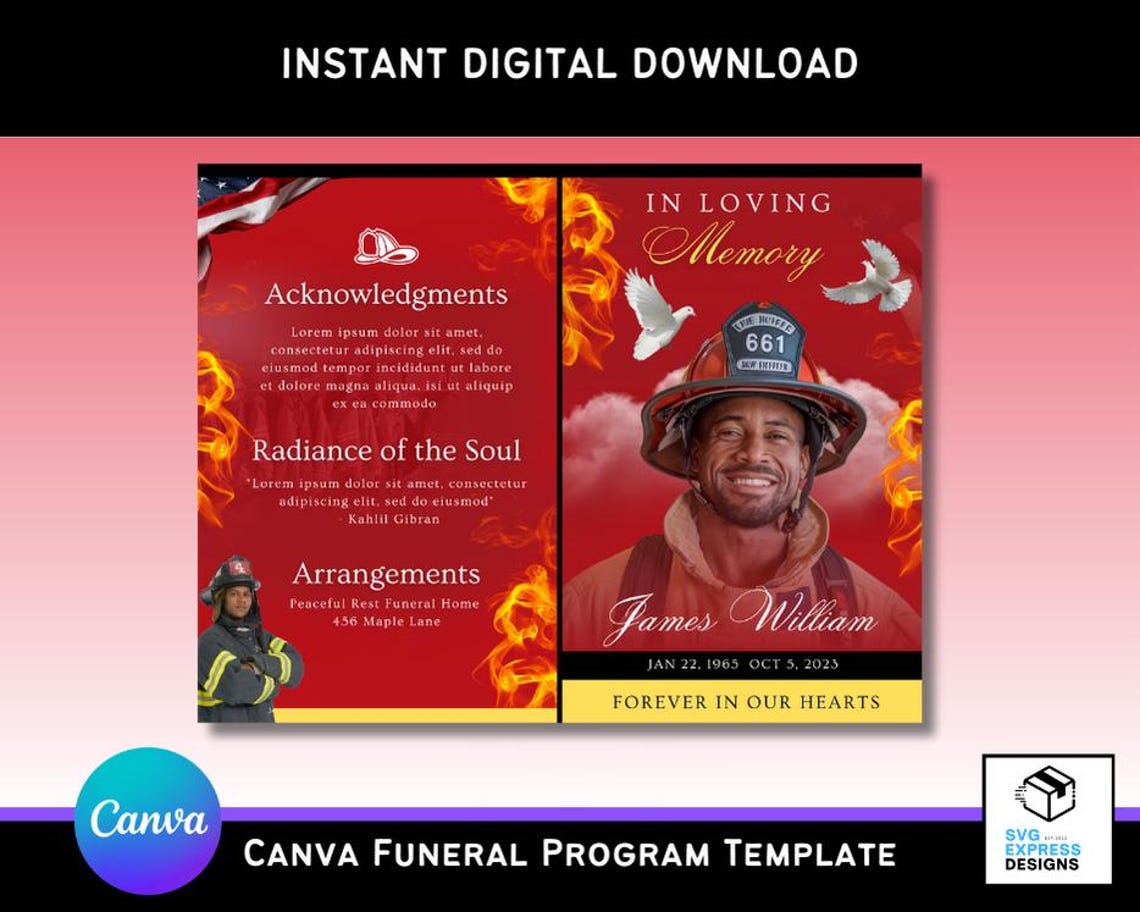 Firefighter Farewell Red Canva Funeral Program Template – Elegant Bi ...