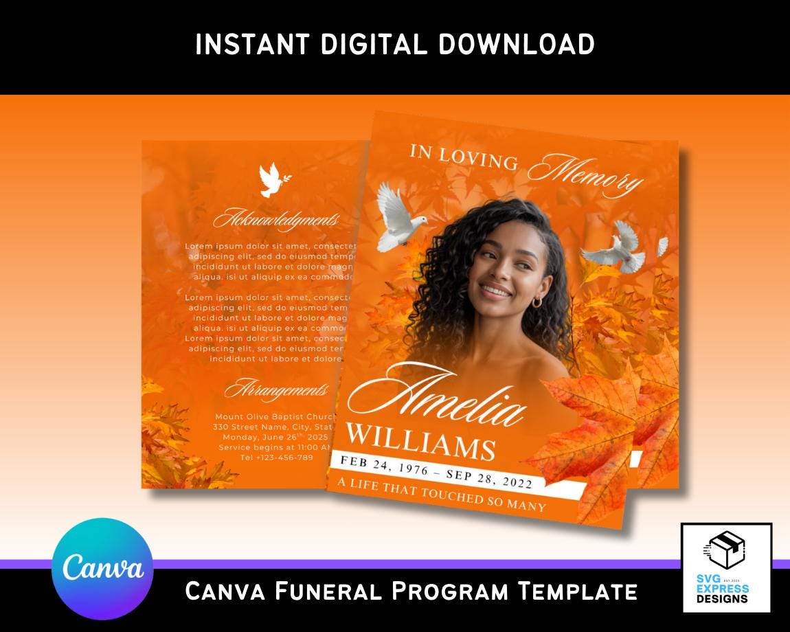 Autumn Leaves Canva Funeral Program Template – Elegant Bi-fold Brochure ...