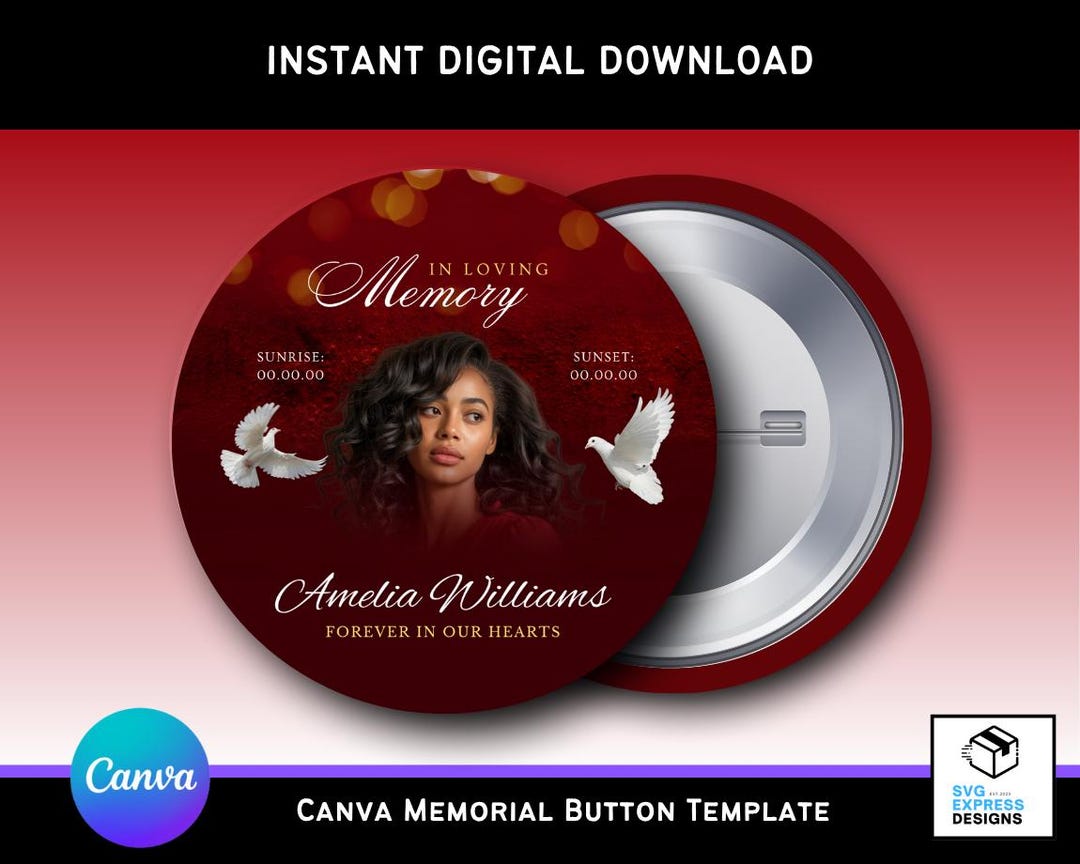 Editable Crimson Red Memorial Button Template | Canva RIP Keepsake ...