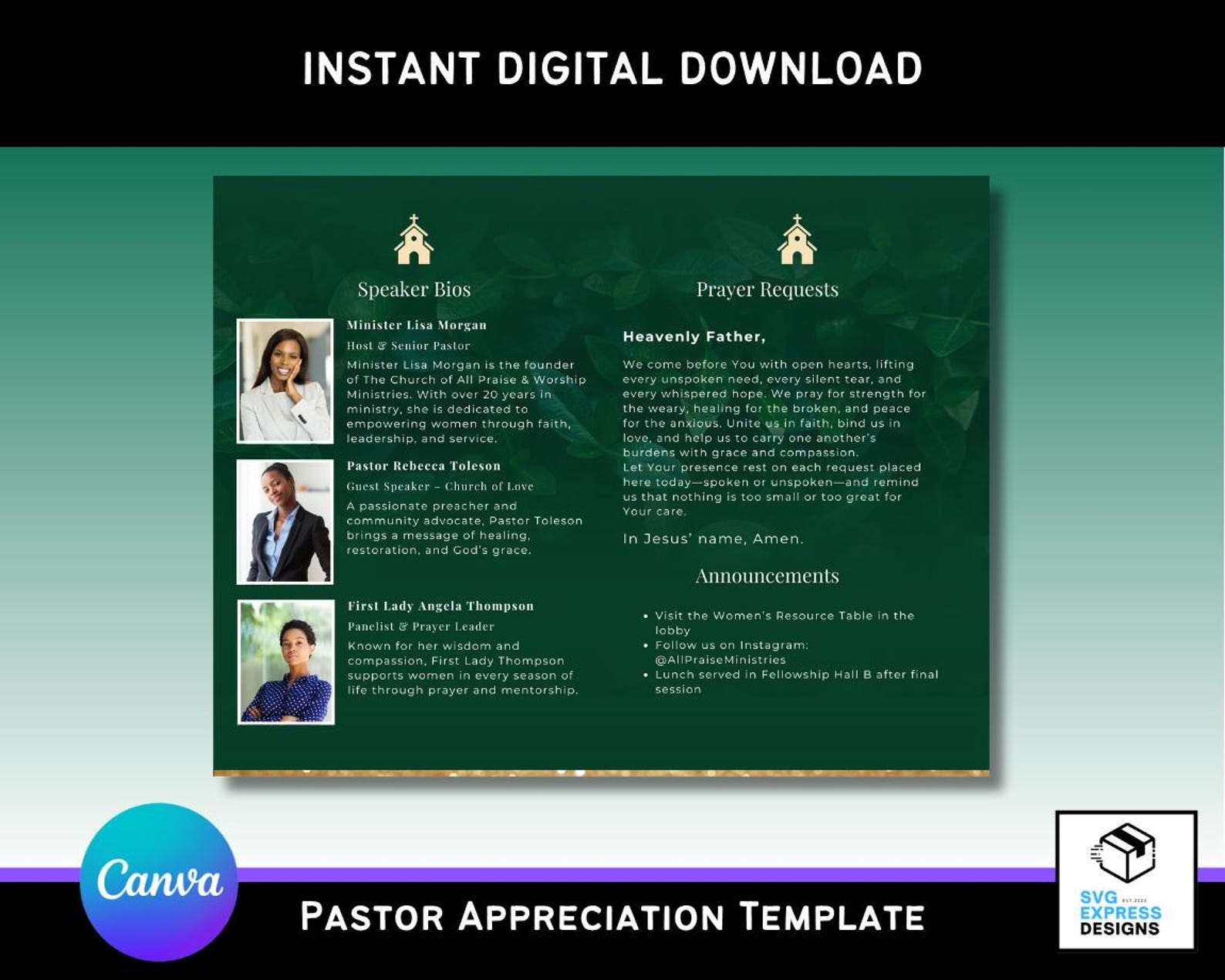 Editable Pastor Appreciation Program Template: Green Forest Design ...