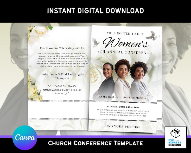Women's Church Conference Program Template: White Roses, Editable Bi ...