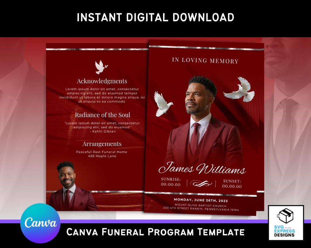 Maroon & Silver Funeral Program Template: Elegant Memorial Brochure ...