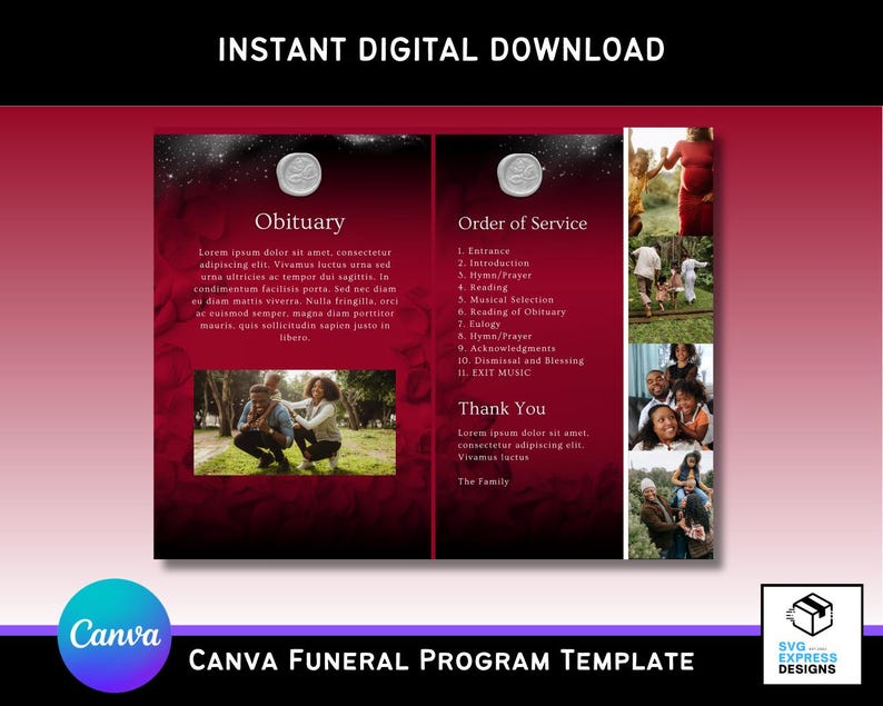 Elegant Black & Red Funeral Program Template: Bi-fold Obituary (digital ...