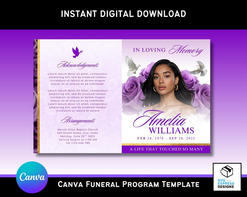 Elegant Funeral Program Template: Light Purple Flowers, Doves (17x11 In ...