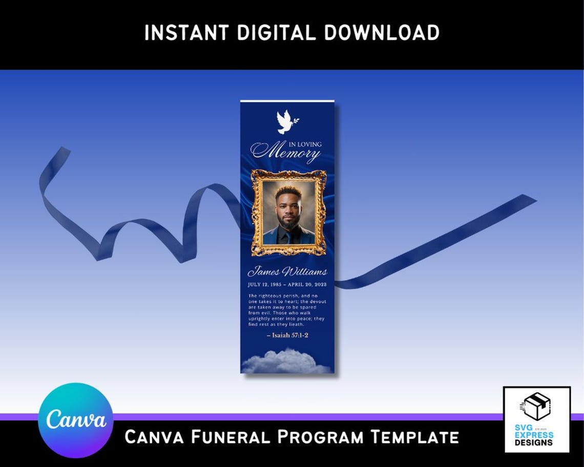 Oxford Blue Funeral Bookmark Template for Canva – Elegant Memorial ...