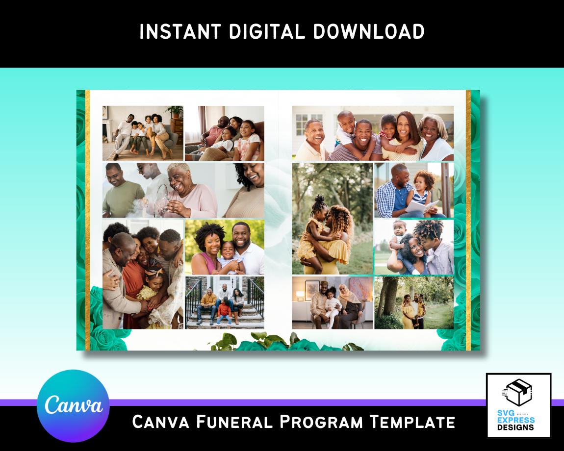 Elegant Turquoise & White Floral Funeral Program Template: Bi-fold ...