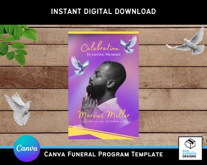Editable Canva Funeral Program Template Classic Purple & Gold Clouds Bi ...