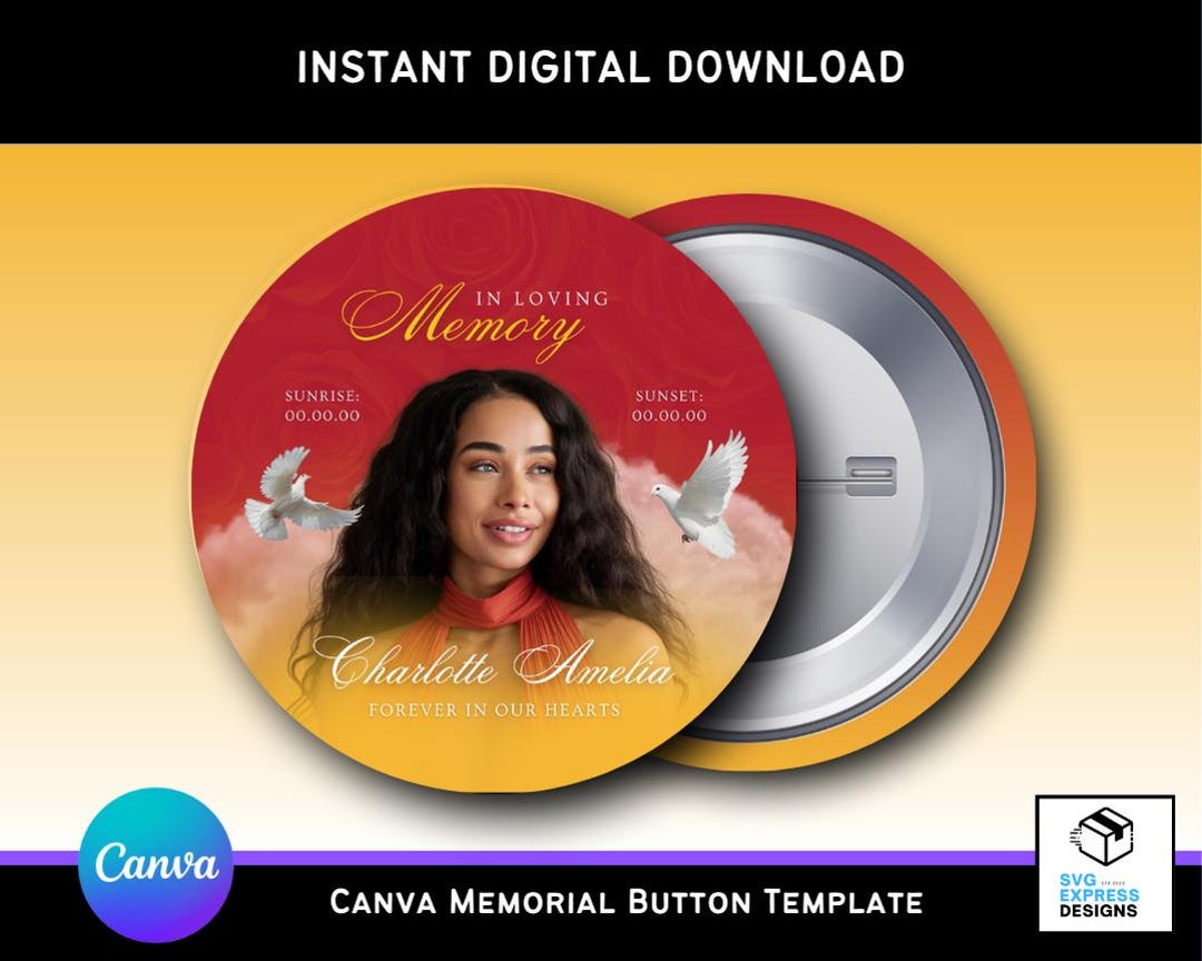 Editable Red and Yellow Memorial Button Template | Canva RIP Keepsake ...