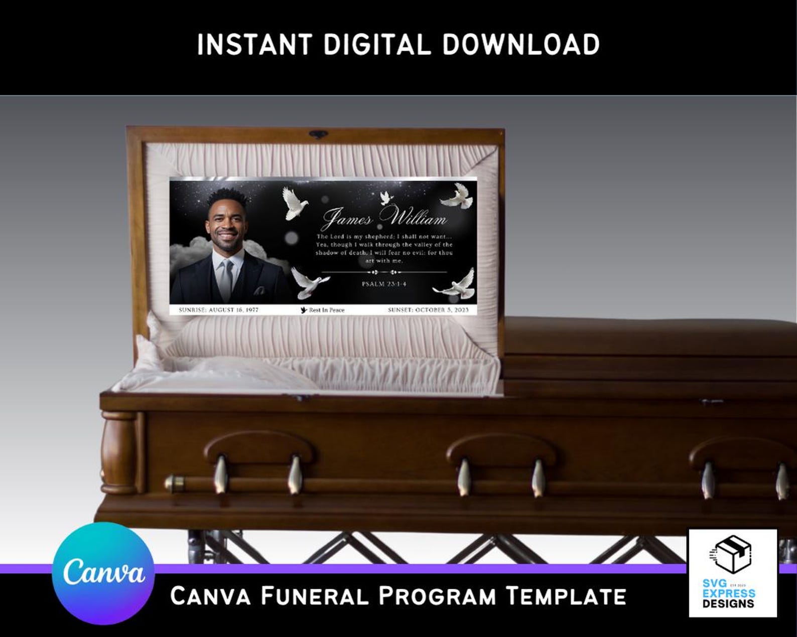 Black and Silver Funeral Casket Panel Canva Template | 31x14 in ...