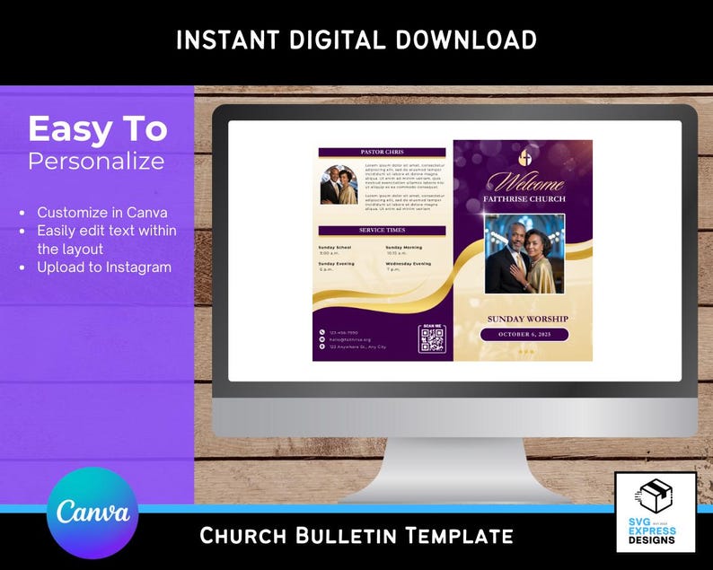 Editable Church Bulletin Template: Modern Purple & Gold Bifold Program ...