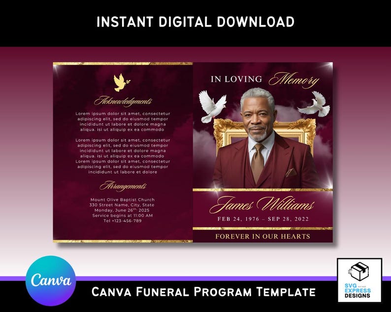 Elegant Funeral Program Template: Burgundy Sky, Doves (17x11 In, Canva ...