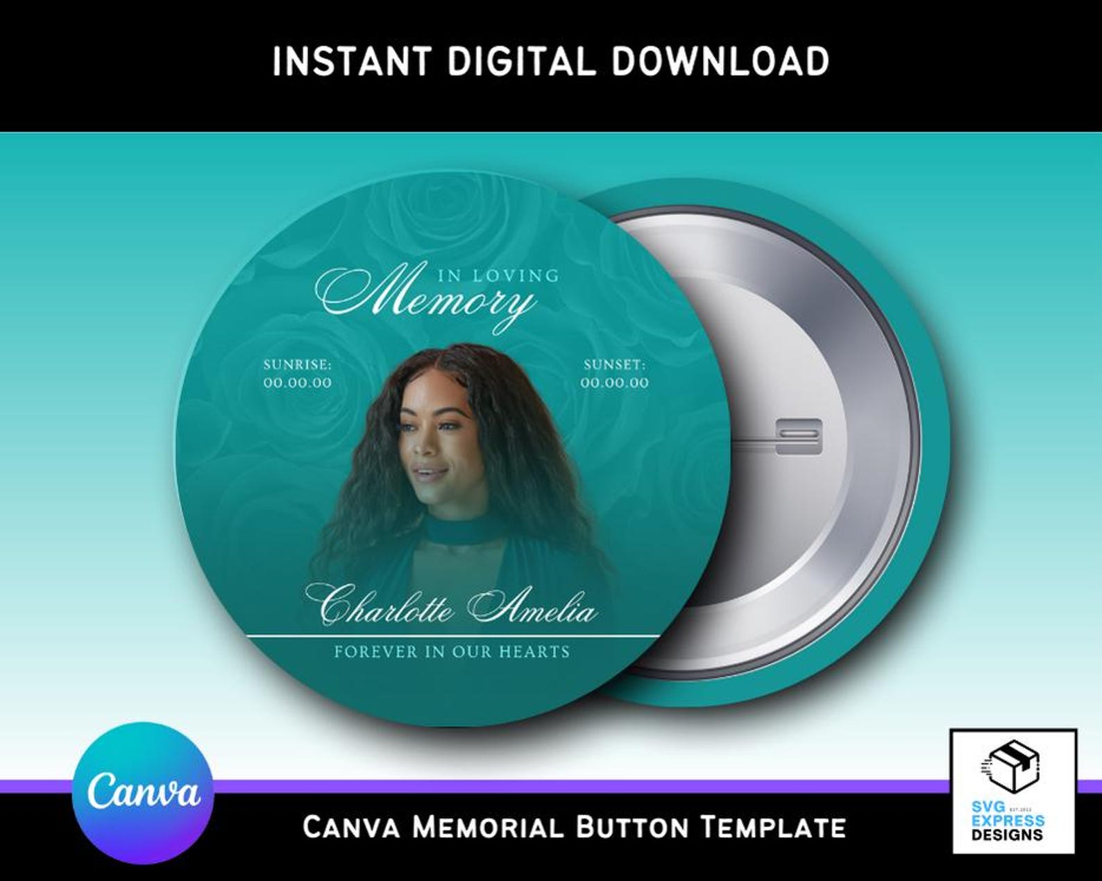Editable Teal Green Memorial Button Template | Canva RIP Keepsake | 3x3 ...