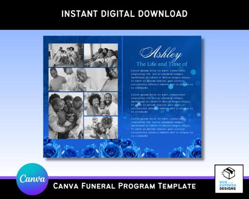Blue Cloud Funeral Program Template - Blue Roses Bi-fold Brochure 11x8 ...