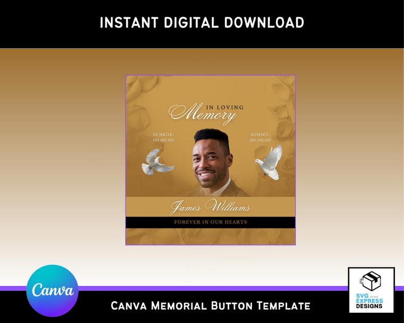 Editable Gold and Black Memorial Button Template | Canva RIP Keepsake ...