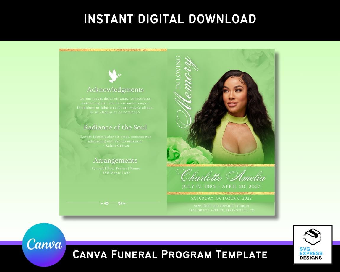 Lime Green Canva Funeral Program Template – Elegant Bi-fold Brochure ...
