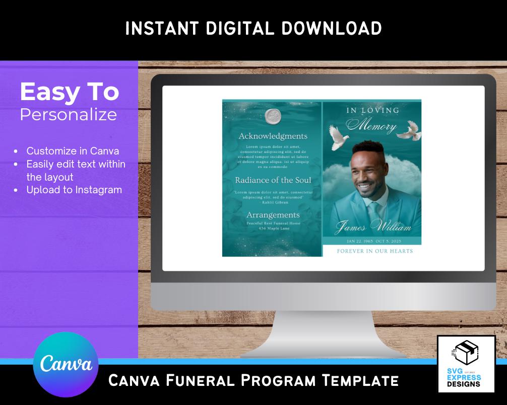 Turquoise Canva Funeral Program Template – Elegant Bi-fold Brochure ...