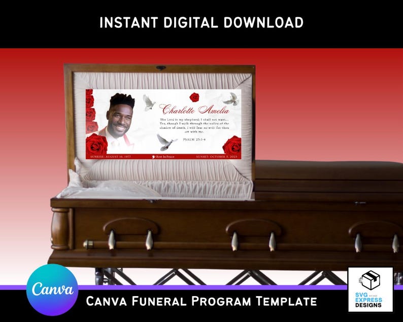 Funeral Casket Panel Template: Red & White Memorial Design (31x14 In ...