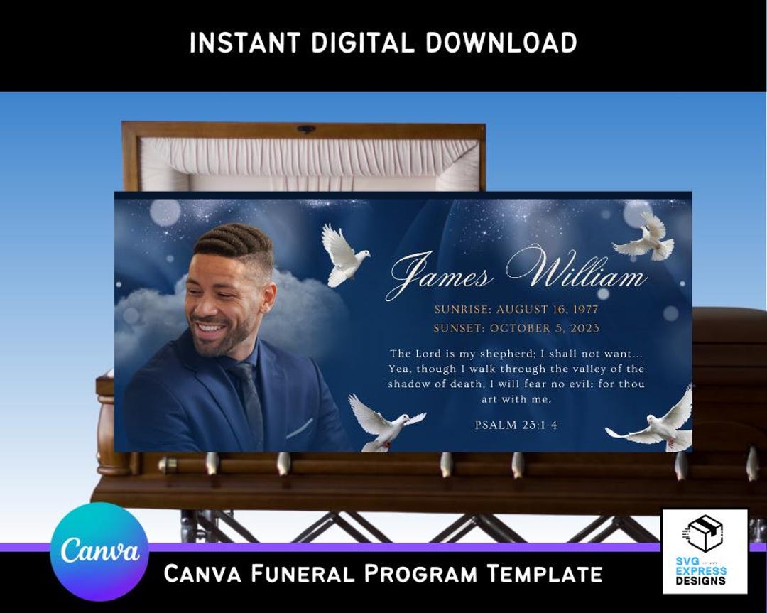 Navy Blue Funeral Casket Panel Canva Template | 31x14 in Editable ...