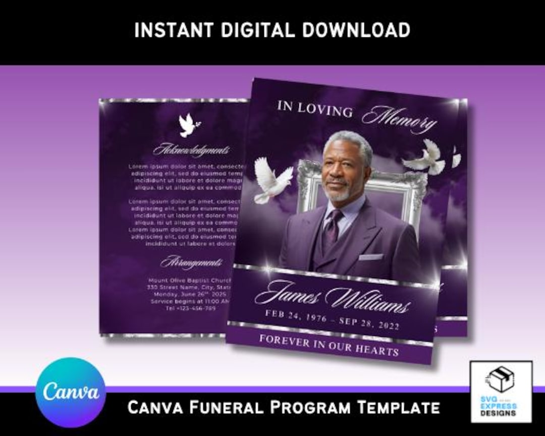 Modelo de programa de obituário do Canva Purple Sky & Clouds: brochura ...