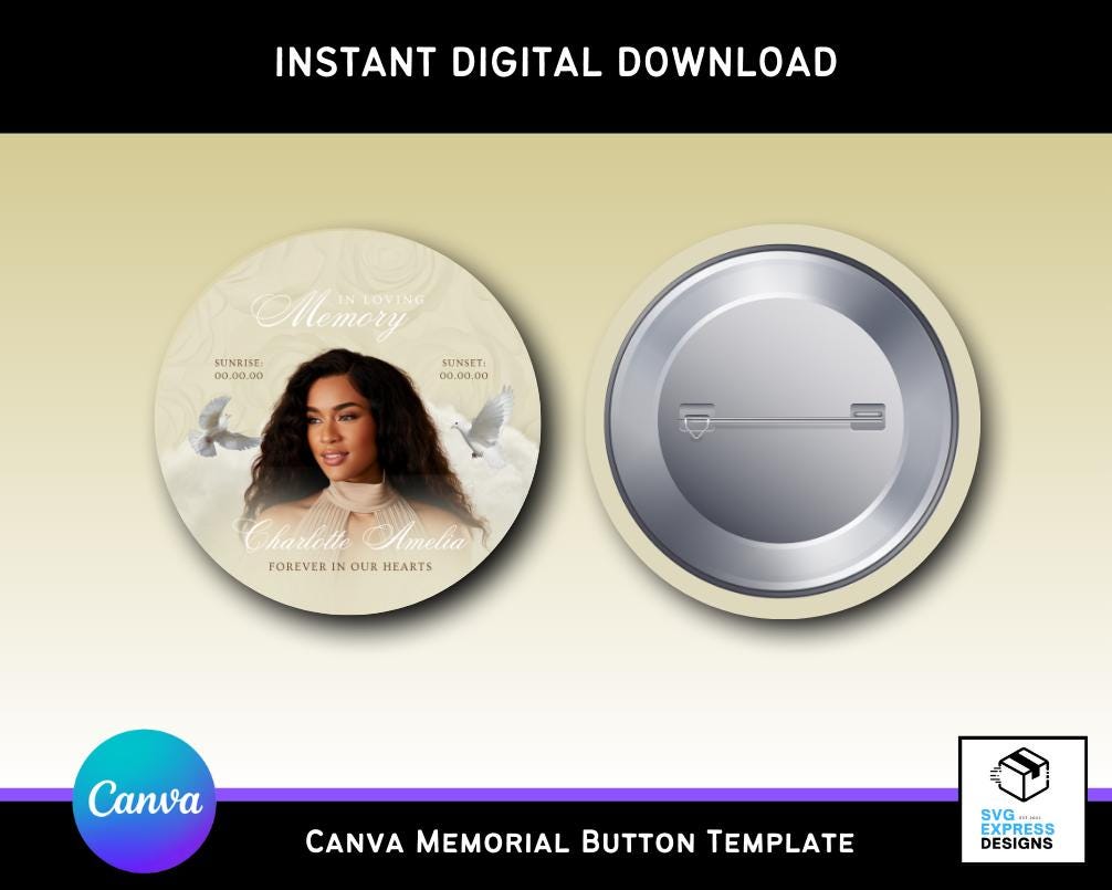 Editable Beige Memorial Button Template | Canva RIP Keepsake | 3x3 ...