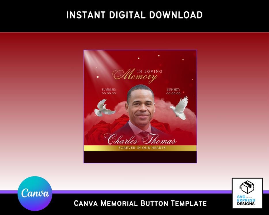 Editable Red & Black Memorial Button Template | Canva RIP Keepsake ...