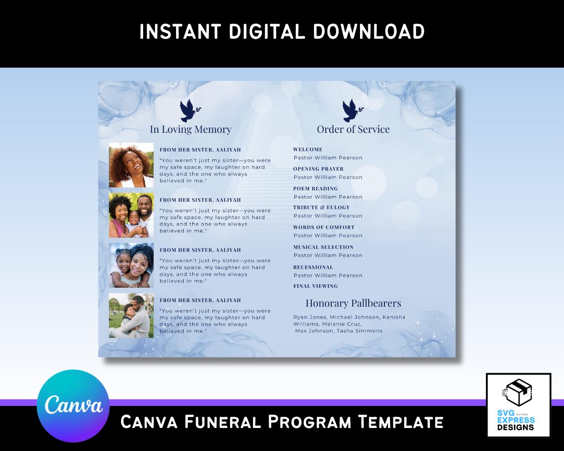 Light Blue Cloud Funeral Program Template: Bi-fold Brochure (canva ...