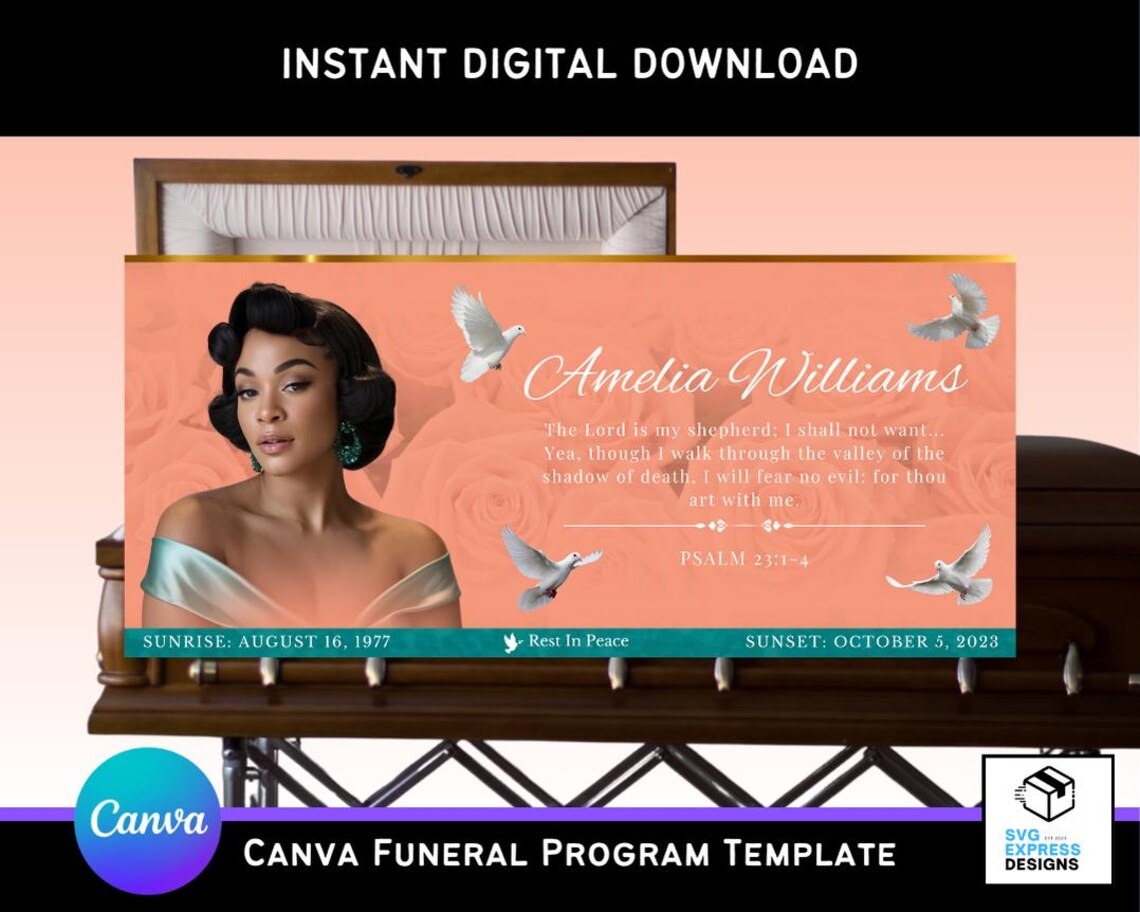 Peachy-pink Funeral Casket Panel Template: 31x14 Memorial Insert (canva ...