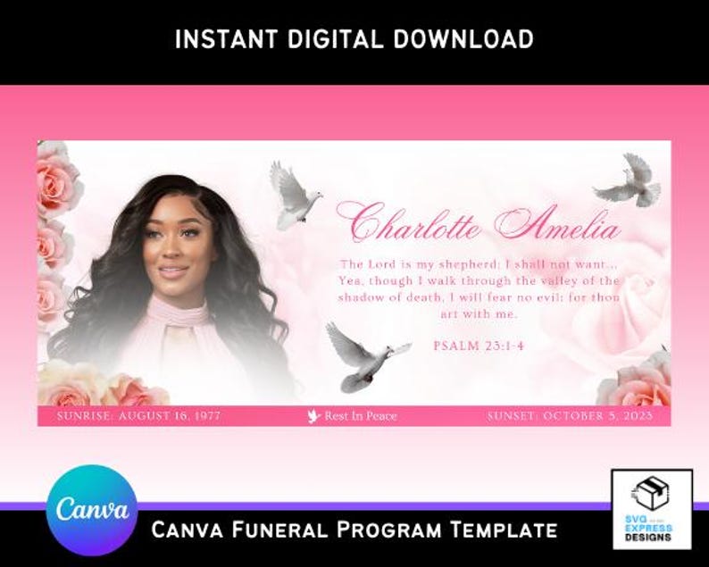 Pink Roses Funeral Casket Panel Canva Template | 31x14 in Editable ...