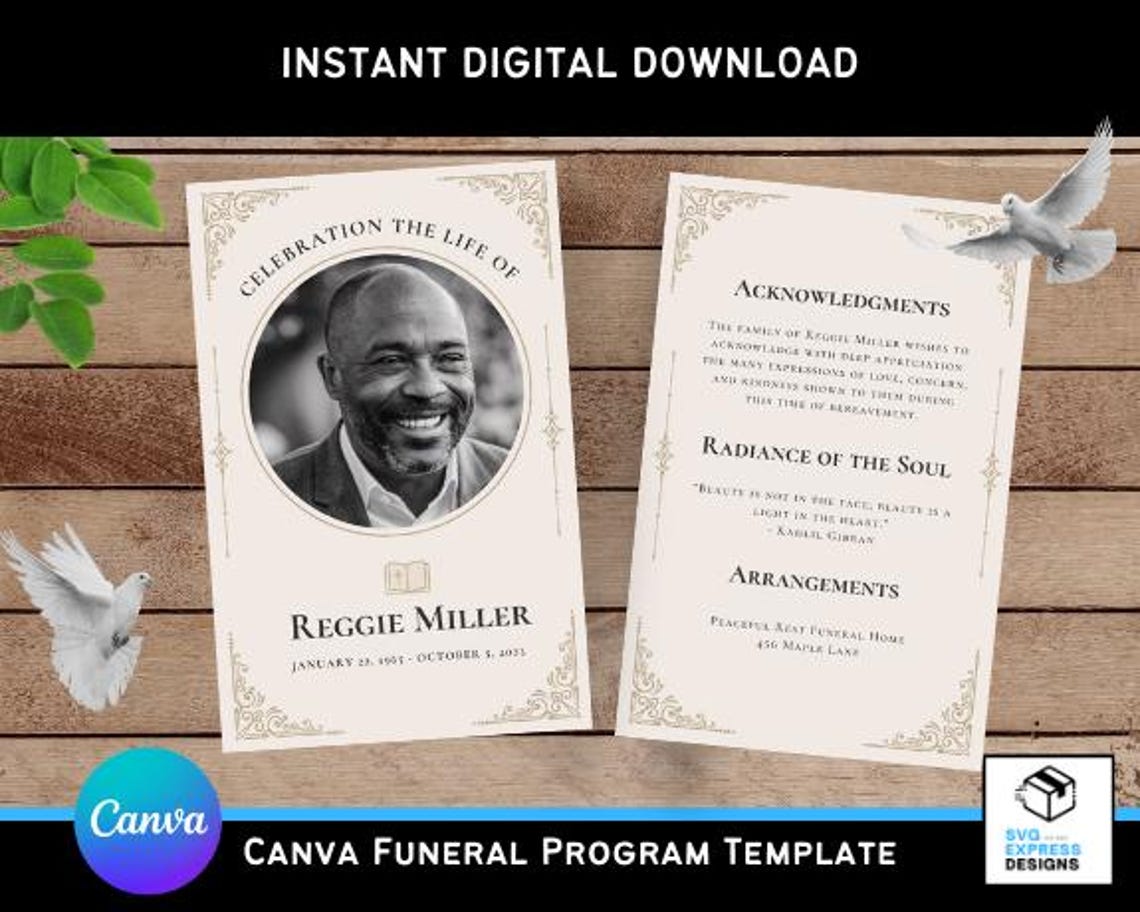 Classic Tan & Gold Funeral Program Template | Vintage Elegance | 11x8.5 ...