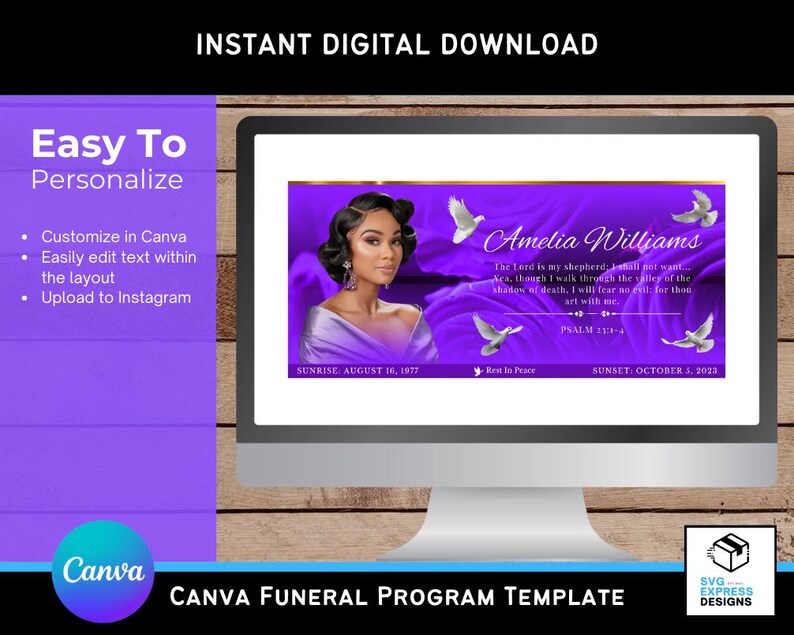 Violet Roses Funeral Casket Panel Template: Editable Memorial Design ...