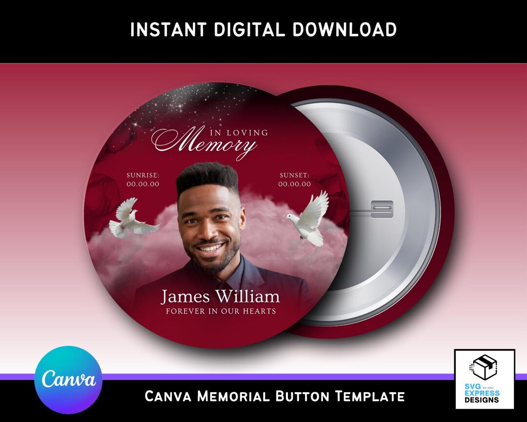 Editable Black and Red Memorial Button Template | Canva RIP Keepsake ...