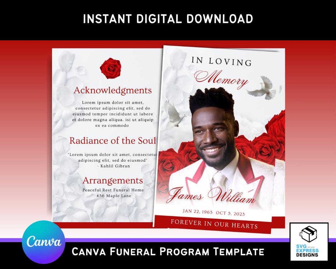 White and Red Canva Funeral Program Template – Elegant Bi-fold Brochure ...