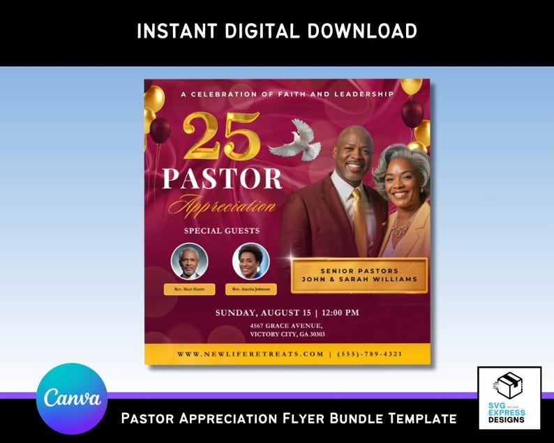 Elegant Pastor Appreciation Flyer Bundle: Editable Church Program Canva ...