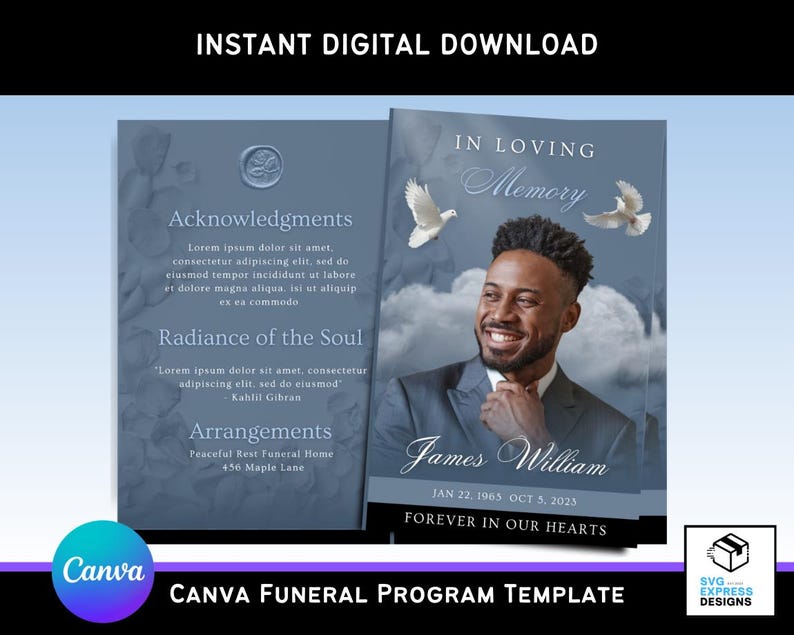 Slate Gray Canva Funeral Program Template – Elegant Bi-fold Brochure ...