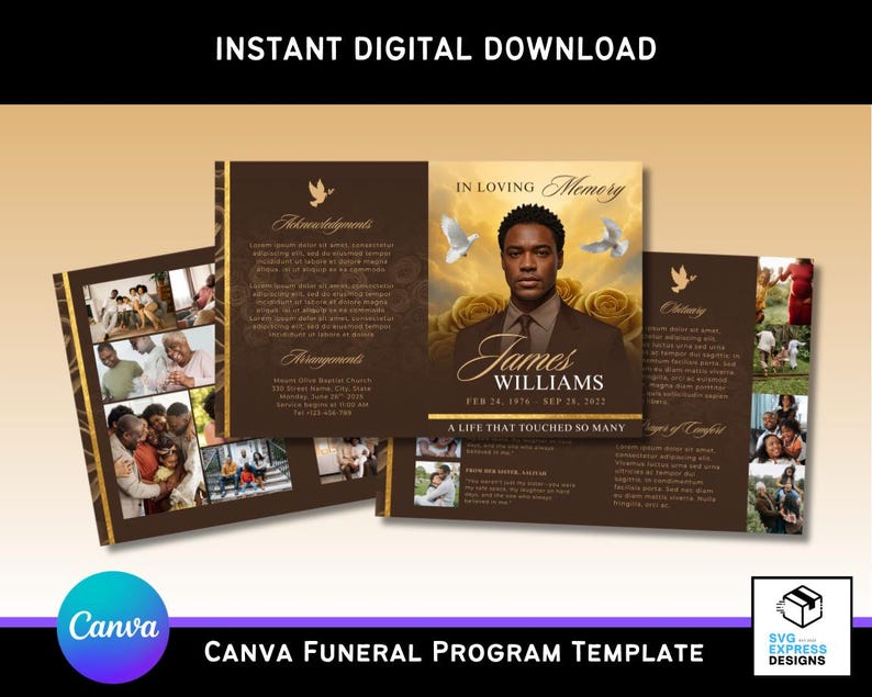 Elegant Brown Rose Funeral Program Template: Bi-fold Brochure (canva ...