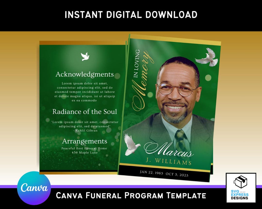 Emerald Green Canva Funeral Program Template - Classic Green Roses Bi ...