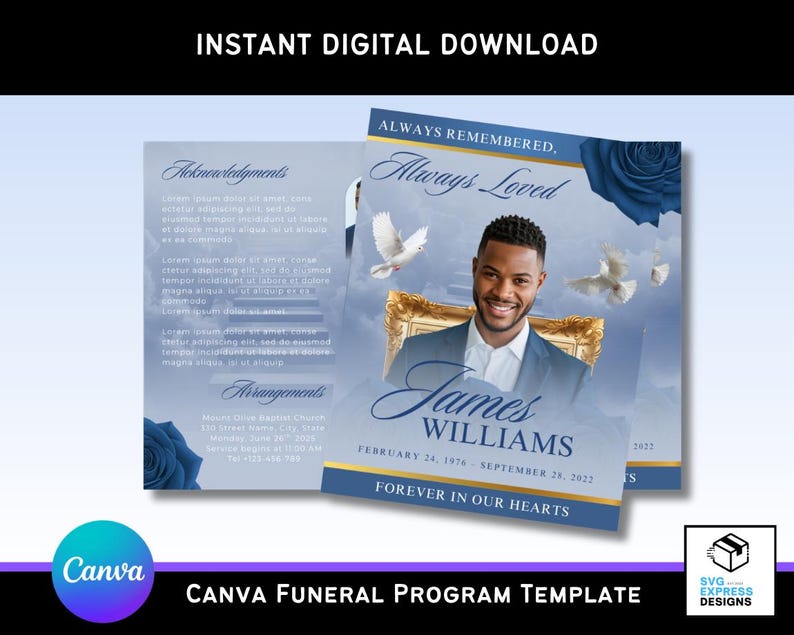Elegant Funeral Program Template: Royal Blue Heaven and Gold, Bi-fold ...