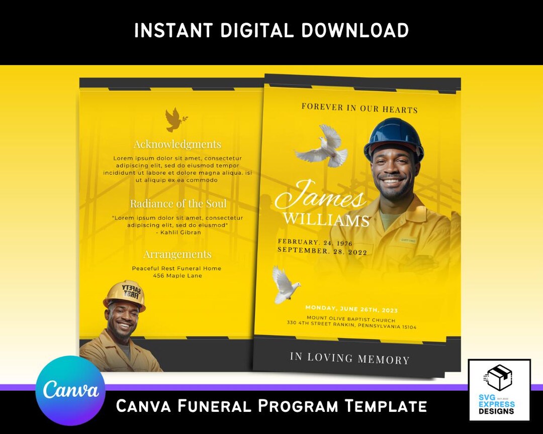 Construction Worker Canva Funeral Program Template – Elegant Bi-fold ...