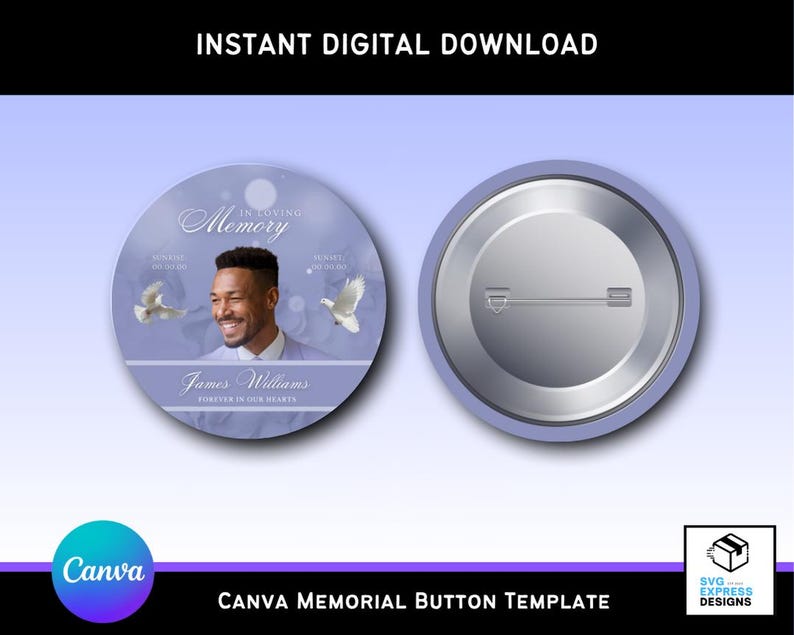 Editable Lavender Blue Memorial Button Template | Canva RIP Keepsake ...