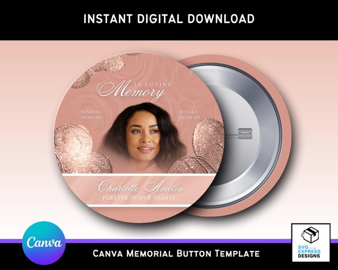 Editable Rose Gold Memorial Button Template | Canva RIP Keepsake | 3x3 ...
