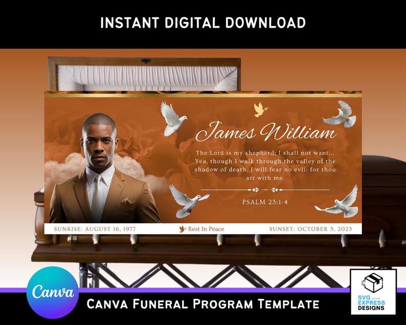 Brown Roses Funeral Casket Panel Canva Template | 31x14 in Editable ...